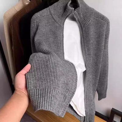 秋冬季双拉链半高领开衫针织衫厚款毛衣外套男装纯色夹克粗毛线衣