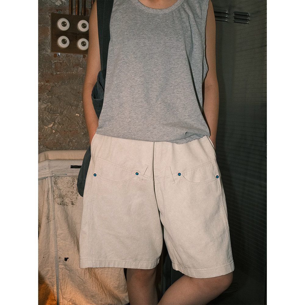 TRIFFER复古重酵洗五分短裤双层口袋松石钉男女款_虎窝淘