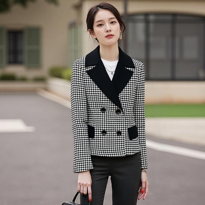 冬羊毛千鸟格拼色短外套女