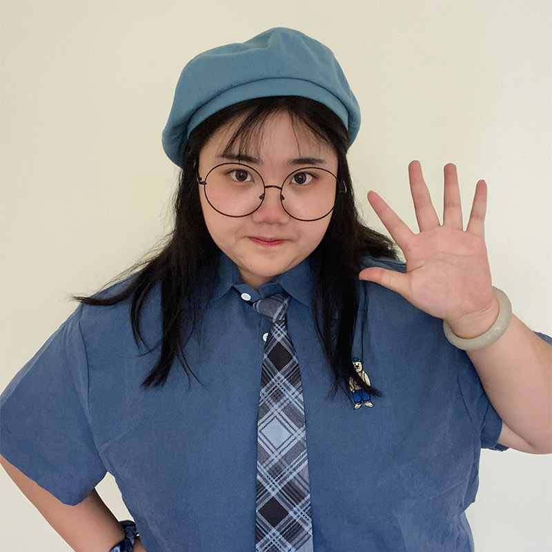 YUZI鱼子家学生纯色可爱小熊衬衫胖mm夏季盐系大码宽松长袖衬衣女_虎窝淘