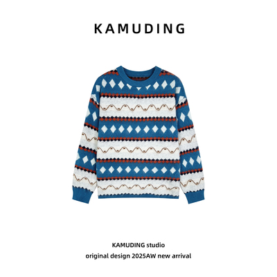 KAMUDING2025新款A39复古费尔岛风蓝色多瑙河山羊绒针织衫25526H