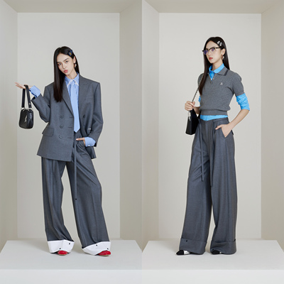 NancyCavally撞色宽折边阔腿西裤