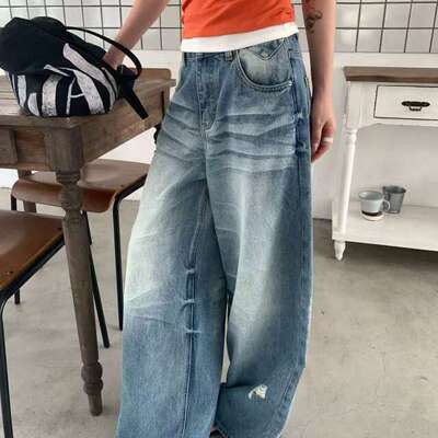 十三行ICCIICC-10995大版型破洞阔腿长裤洗水渐变猫须宽松牛仔裤