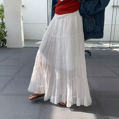 one seven法式纯色网纱半身裙女2026春松紧腰显瘦大摆百褶裙a字裙