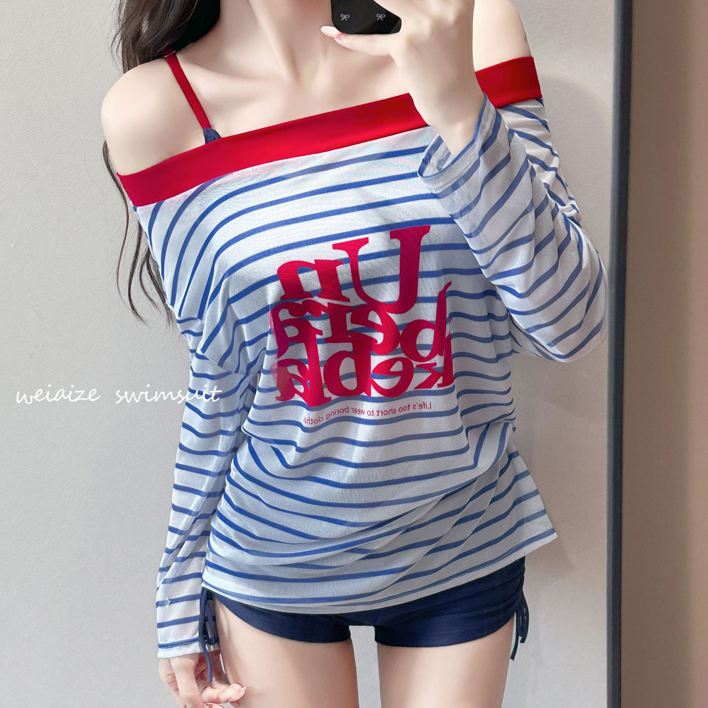慵懒风ins条纹长袖罩衫女分体泳衣三件套遮肉显瘦沙滩度假泳装