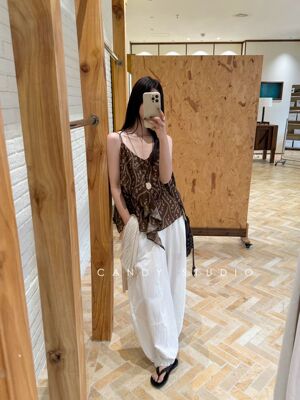 韩系复古民族风印花吊带背心女夏季新款度假风小众无袖上衣配项链