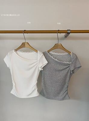夏新款韩系时尚不规则斜肩蕾丝拼接短袖T恤女修身显瘦百搭上衣