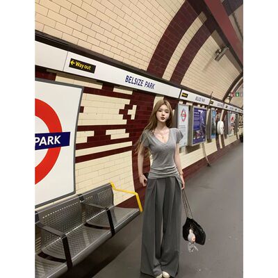 JMSHOP 松弛张  版型巨爱 阔腿裤西裤宽松休闲裤女灰色显瘦裤子