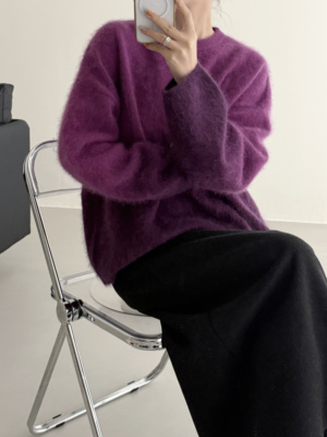 紫气东来拉毛毛衣100绵羊毛衫女贵气拉绒针织衫2025冬小皮草0214