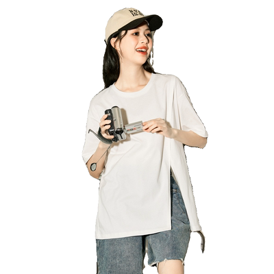 唐狮下摆开叉短袖T恤女新款夏季甜辣宽松上衣女设计感小众sz
