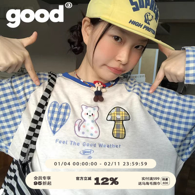 美好商店MeihaoStore可爱贴布绣蓝白格子拼接插肩袖长袖T恤