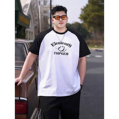 时尚品牌加码男士夏季新Raglan袖胖男人加胖加码宽松莱卡半袖短袖