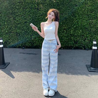 多巴胺渐变条纹阔腿牛仔裤女春季新款设计感高腰做旧直筒裤休闲裤