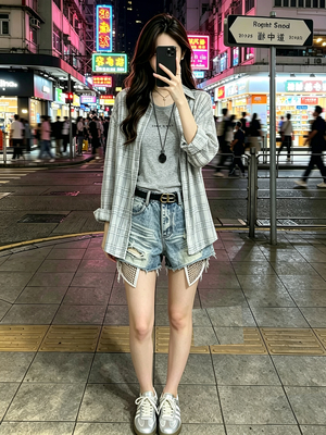 2026 SAMYA夏季新款时尚百搭显瘦格子衬衣两件套搭配牛仔短裤