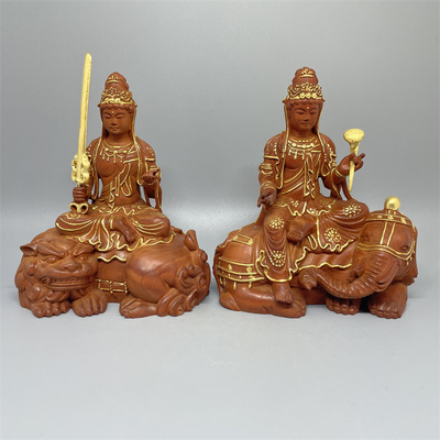 手工描金文殊普贤菩萨佛像摆件