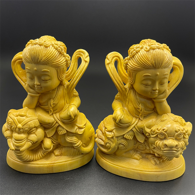 小叶黄杨木文殊普贤菩萨佛像摆件