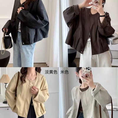 B862原单高级感宽pu软皮皮衣zai外套立领拉链下摆抽绳8902