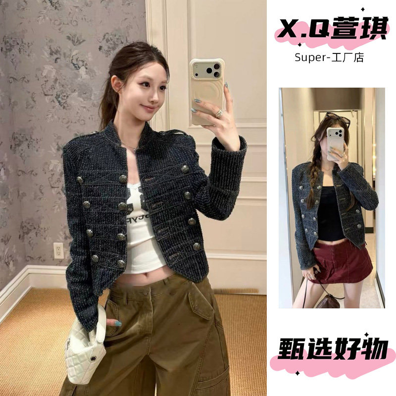 立领排扣牛仔短款外套女秋季小个子韩版显瘦气质百搭长袖夹克上衣