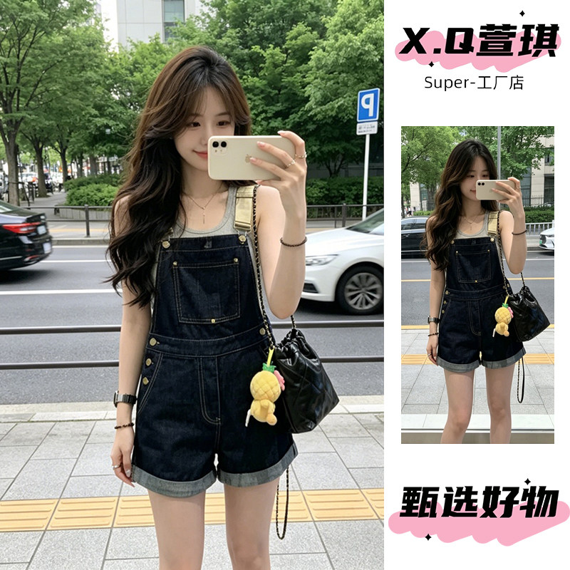 美式复古牛仔背带裤女夏薄款小个子宽松显瘦百搭休闲高腰连体短裤