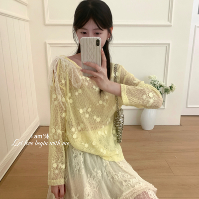 蕾丝绑带提花圆领宽松长袖针织衫