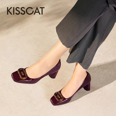 接吻猫法式方头时尚粗跟通勤单鞋