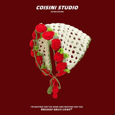 韩系玫瑰花镂空三角针织头巾女生