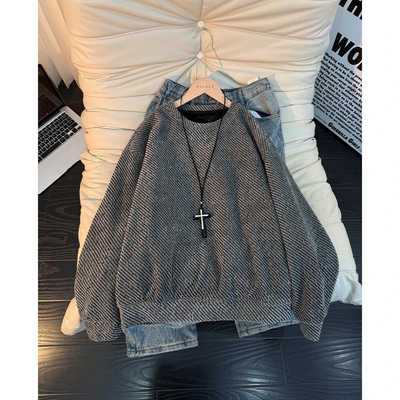 深灰色条纹重磅圆领卫衣男款冬季加绒加厚长袖T恤美式内搭打底衫