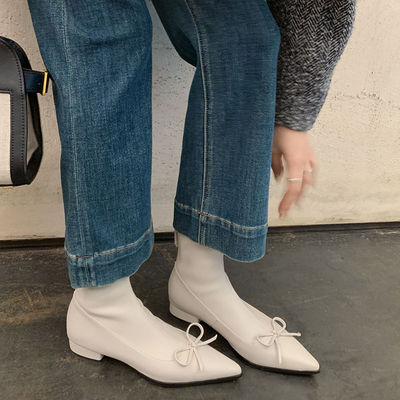 气质低粗跟尖头后拉链蝴蝶结短筒时装短靴子女2025新款秋棕白黑色