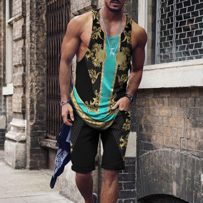Men's casual loose sleeveless printed set男宽松无袖印花套装