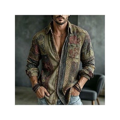 翻领印花长袖纽扣T恤 Flip collar printed long sleeved T-shirt
