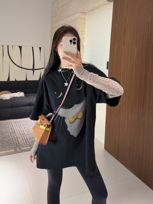 欧货2025秋季新款时尚圆领猫咪印花拼接波点网纱袖T恤假两件上衣