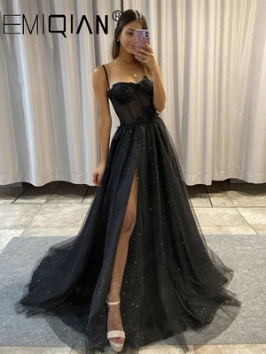 Popular Side Slit 3D Flowers Long Evening Gowns , Spaghetti