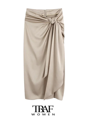 TRAF Women Fashion With Knotted Gathered Front Slit Midi Ski