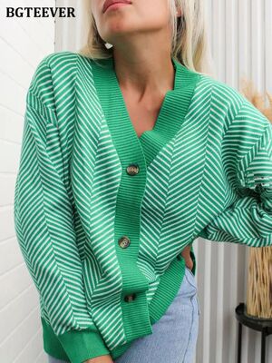 BGTEEVER Casual V-neck Striped Cardigans Sweaters Women Autu