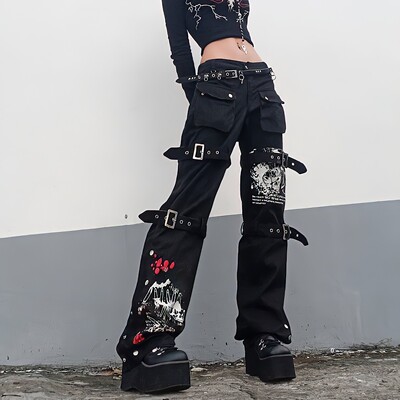 American Punk Style Black Jeans Woman Summer Setwear Graffit