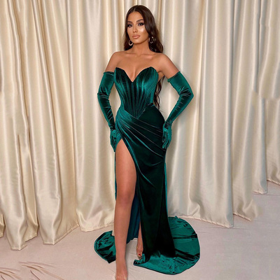 Yipeisha Emerald Green Velour Prom Dress High Slit Party Dre