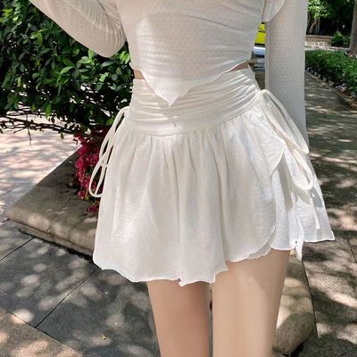 HOUZHOU Sexy Cute White Mini Skirt Women Drawstring Folds Hi
