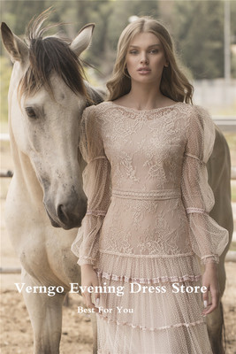 Verngo Elegant Light Champagne Dotted Tulle Prom Dresses Puf