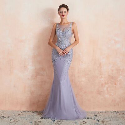 Luxury Beaded Crystal Evening Dresses 2023 Sexy Sheer Neck L