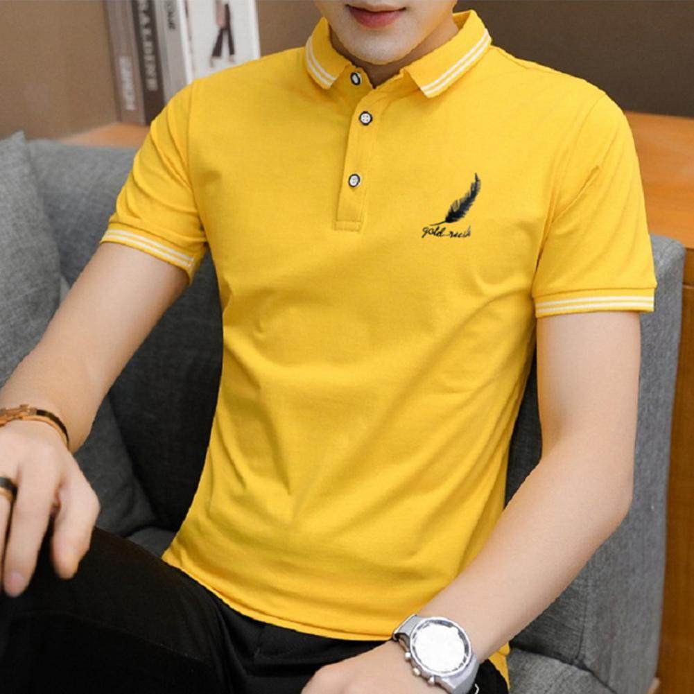 Men Shirt Buttons Turn-down Collar Short Sleeves Feather Pr