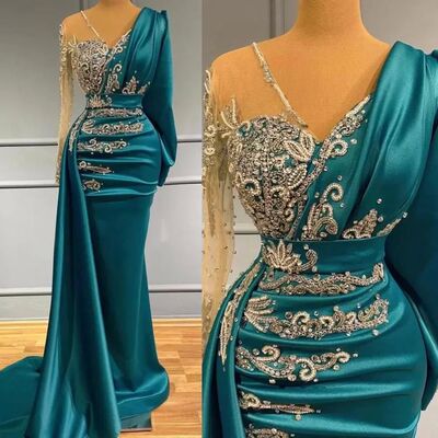 Long Sleeve Evening Dresses Formal Occasion Wear Gold Appliq