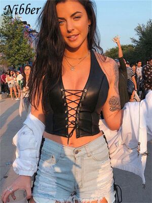 Nibber Sexy Punk Y2K Black PU Leather Crop Top Womens Backle
