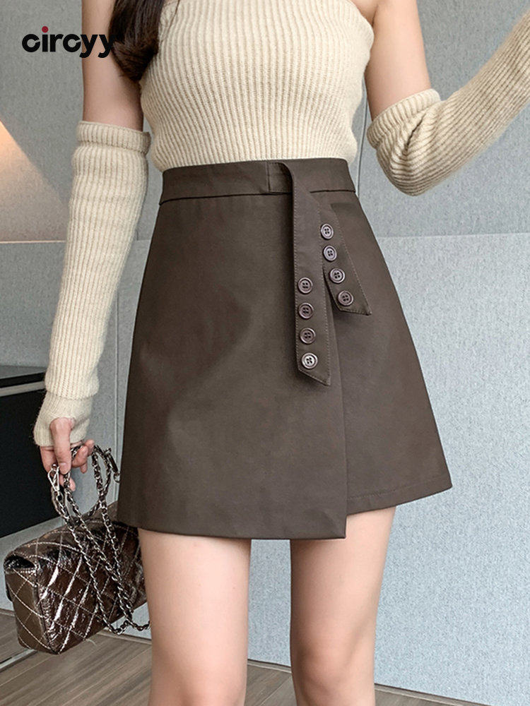 Leather Skirt High Waist Balck A-Line Skirts Spring Irregul