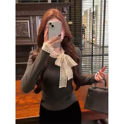 汇兴达随心裁法式蝴蝶结绑带深灰色打底衫女小众内搭上衣