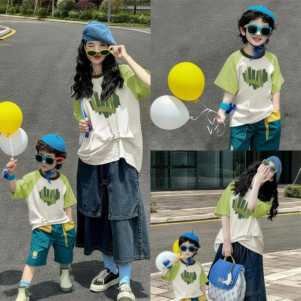 复古母女装撞色t恤设计感小众夏季纯棉插肩短袖家庭亲子装上衣潮