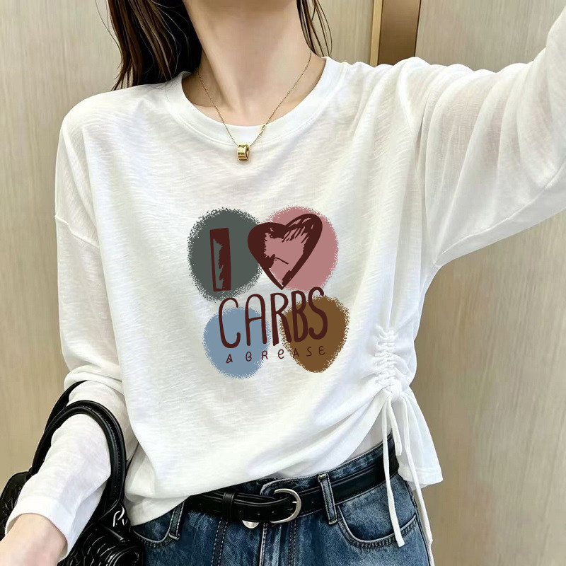 慵懒冰丝雪花棉薄款微透休闲女上衣夏薄长袖宽松套头抽绳上衣