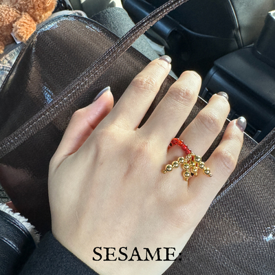 「新年礼物」烟花红玛瑙串珠戒指女小众设计新中式黑曜石弹力指环