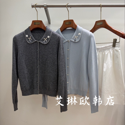 QS onetwo20222早秋款韩系重工立体花朵翻领单排扣针织开衫毛衣女
