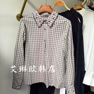 QS onetwo20003早秋韩系简约休闲通勤刺绣氛围感格纹百搭叠穿衬衫