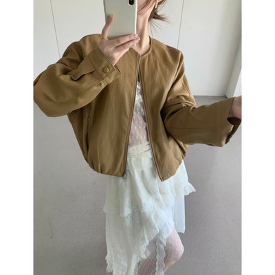 2.26~卡蔓enxi20863-1春款韩系圆领双拉链插肩袖PU皮衣短外套女